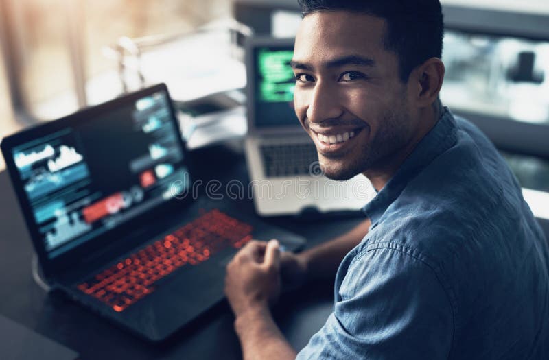 Portrait, Man and Smile of Programmer on Computer in Office Workplace ...