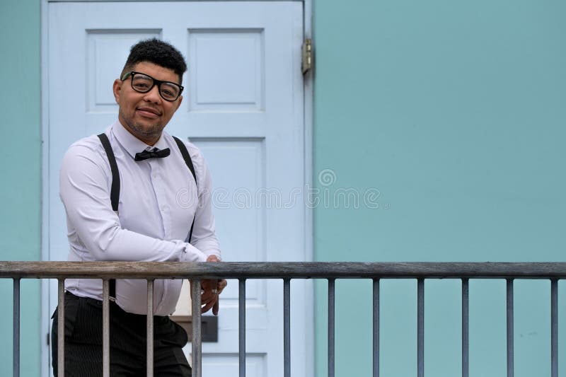 Portrait of Man Standing Next To Railing Stock Image - Image of classic ...