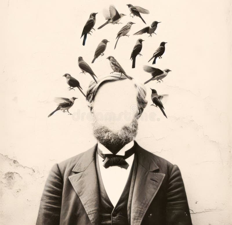 Portrait of a Man in a Suit with Birds on His Head Stock Photo - Image ...
