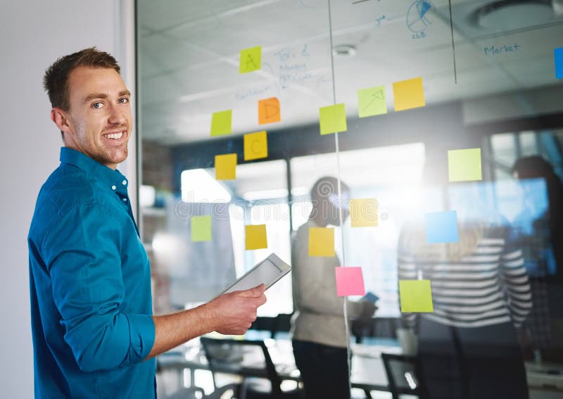 Portrait, Man and Tablet with Notes on Glass Wall for Planning, Future ...