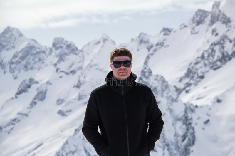 Portrait of a Man on Top of a Snowy Mountain Stock Image - Image of ...
