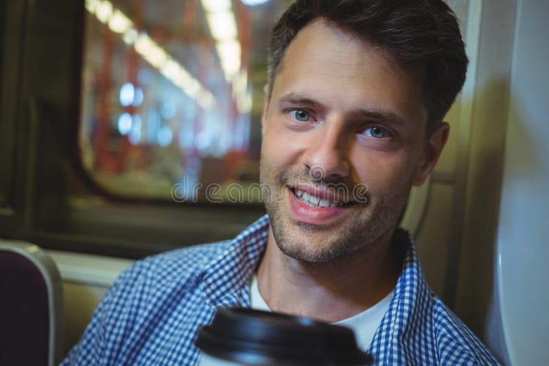 Portrait of Man Travelling in Train Stock Image - Image of smiling ...
