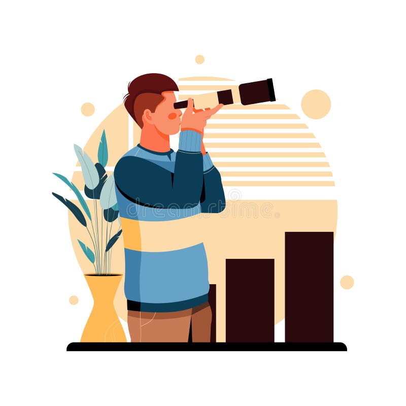 Portrait of Man Using Binoculars, Flat Design Concept. Vector ...