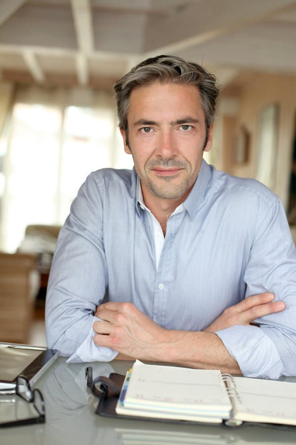 Portrait of Man Working at Home with Agenda Stock Image - Image of grey ...