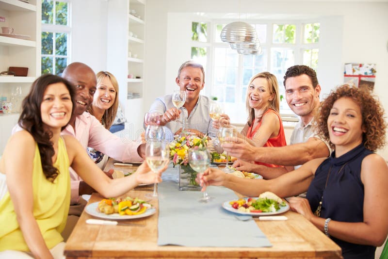 Portrait of Mature Friends Around Table at Dinner Party Stock Image ...