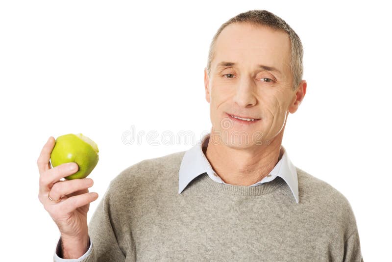 Portrait of Mature Man with an Apple Stock Image - Image of smiling ...