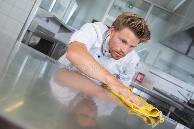 Portrait Man Cleaning Kitchen Worktop Stock Photo - Image of profession ...