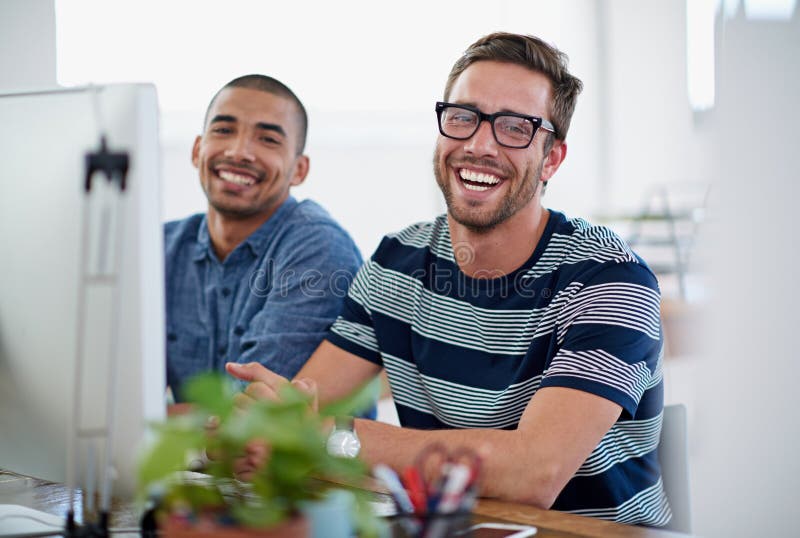 Portrait, Men and Laughing on Computer in Office for Creative Planning ...