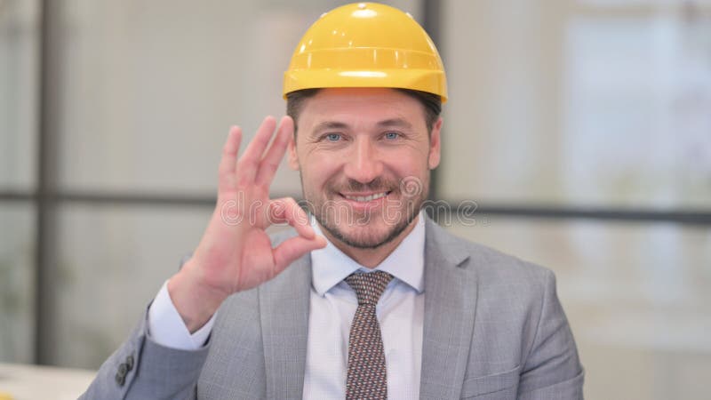 Portrait of Middle Aged Engineer Showing Ok Sign with Finger Stock ...
