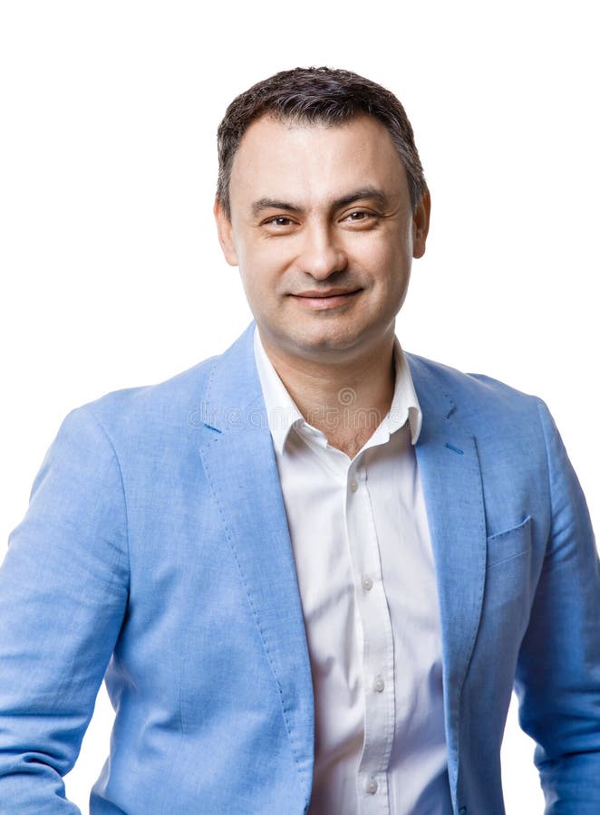 Portrait of Middle Aged Man in Blue Jacket. Isolate on White Stock ...