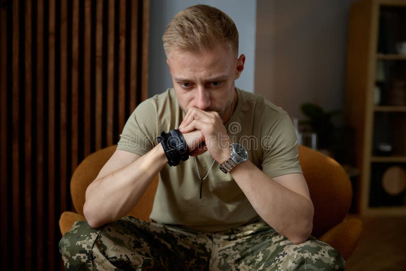 Portrait of Military Man Being Deep in Thoughts Feeling Sorrowful Stock ...
