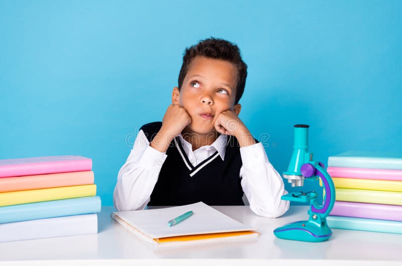 Portrait of Minded Creative Schoolkid Look Curious Empty Space ...