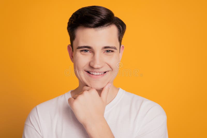 Portrait of Minded Young Man Dreaming Isolated Over Yellow Background ...