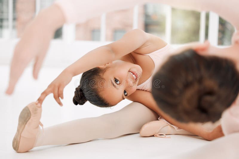 Portrait, Mirror or Child Stretching in Ballet Class for Training or ...