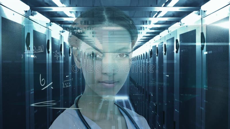 Portrait of Mixed Race Female Doctor with Network of Computer Servers ...