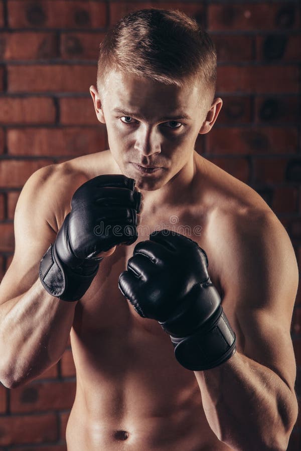 Portrait of Mma Fighter in Boxing Pose Against Brick Wall Stock Photo ...