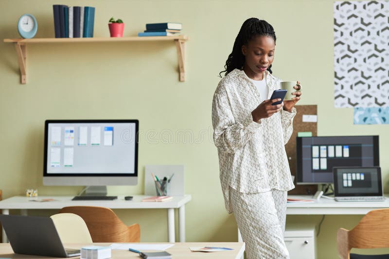 Modern Black Woman Using Smartphone Taking Break Stock Image - Image of ...