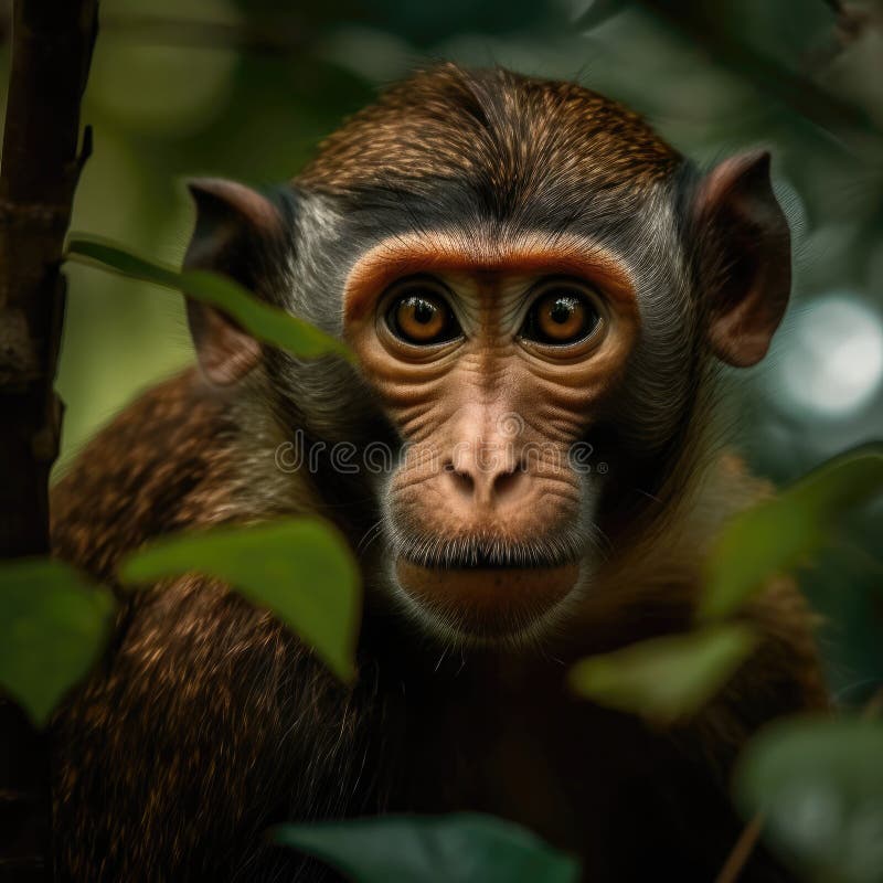 Portrait of a Monkey Around His Head with Green Leaves and Tree Roots ...