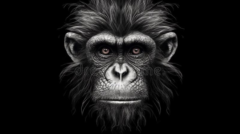Portrait of Monkey, Black and White Stock Illustration - Illustration ...