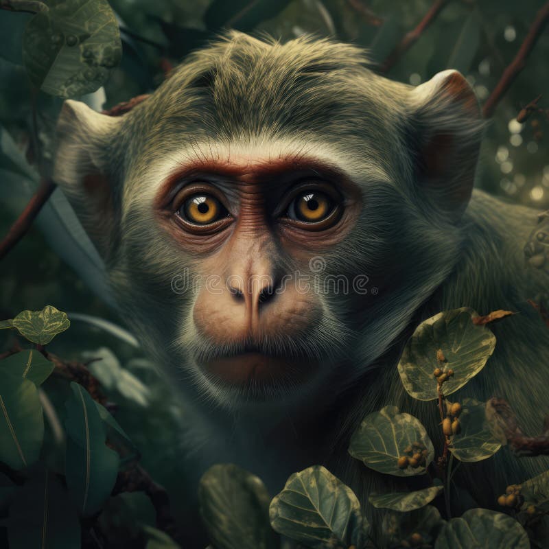 Portrait of a Monkeys Head Wrapped in Green Leaves on a Background of ...