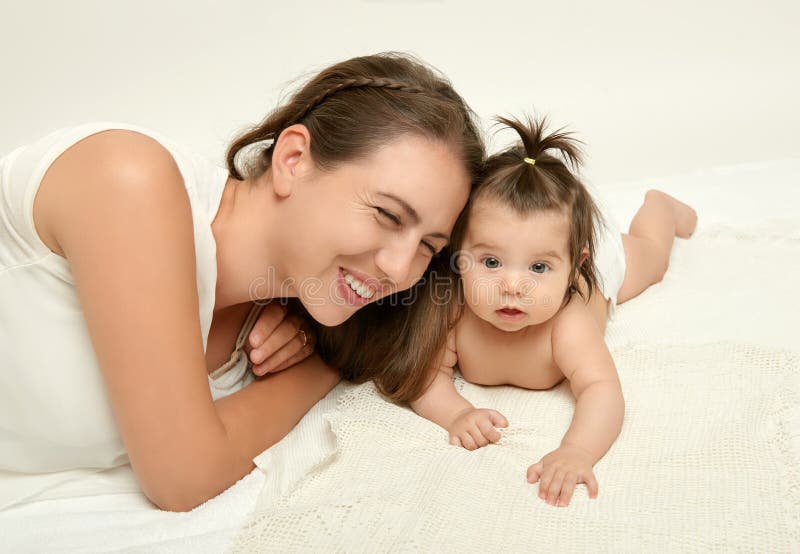 Portrait of Mother and Baby Lie on White Stock Photo - Image of human ...