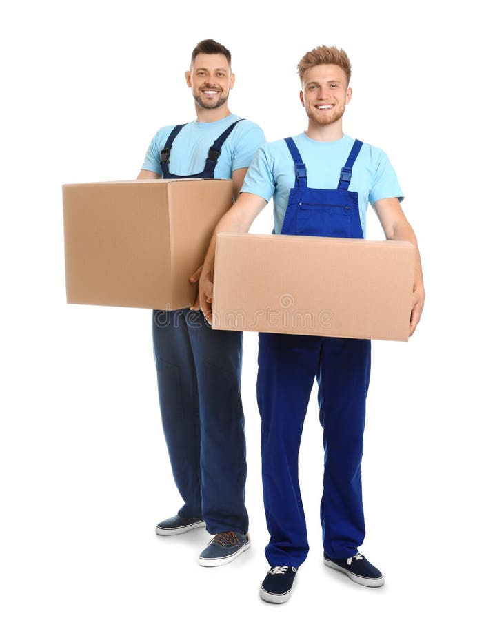 Portrait of Moving Service Employees with Carpet on White Stock Photo ...