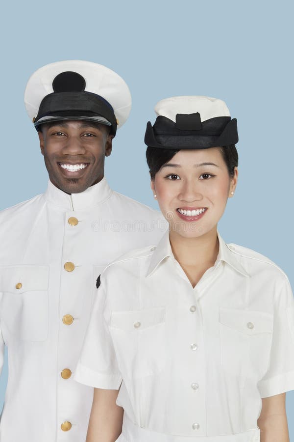 Portrait of Multi-ethnic US Navy Officers Smiling Over Light Blue ...