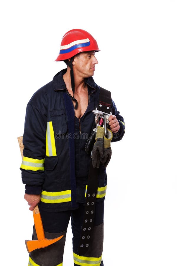 Portrait of Muscle Man in Fireman Uniform Stock Photo - Image of ...