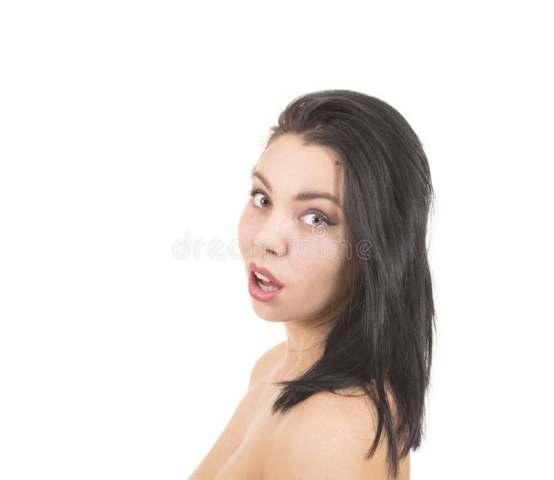 Portrait Of A Naked Young Smiling Woman With Long Hair And Makeup