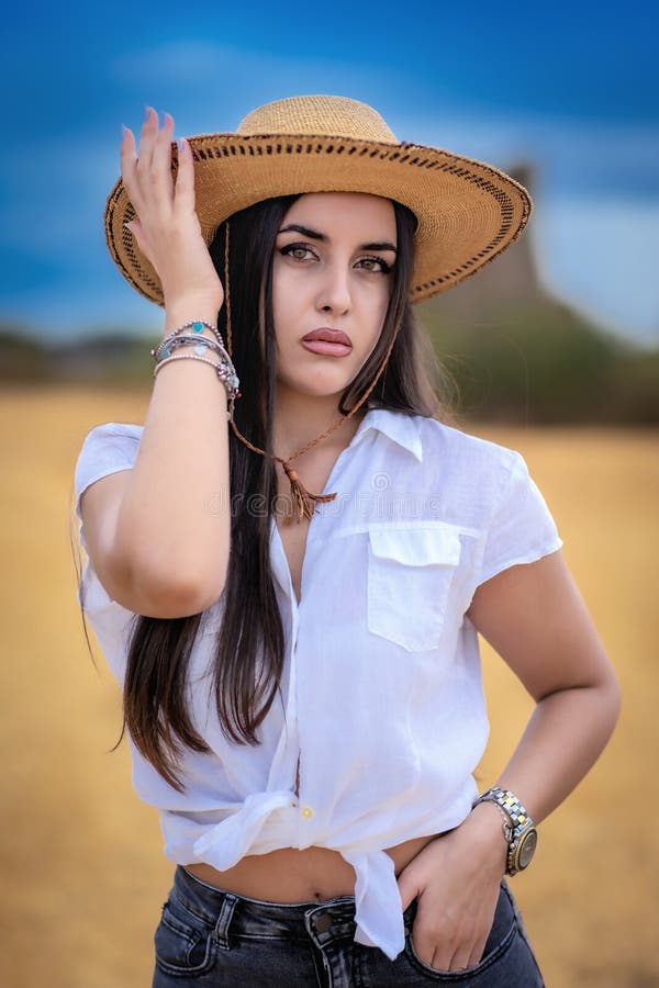Portrait In Nature Of Young Woman With Straw Hat Stock Image Image Of