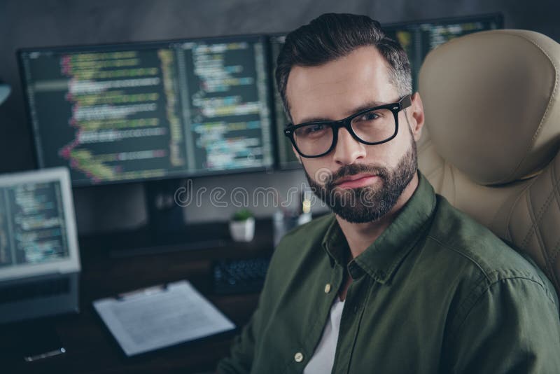 Portrait of Nerd Guy Web Content Editor Write Hacking Code Password ...