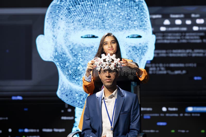Portrait of Neuroscientist Doing Demonstration at AI Convention Using ...