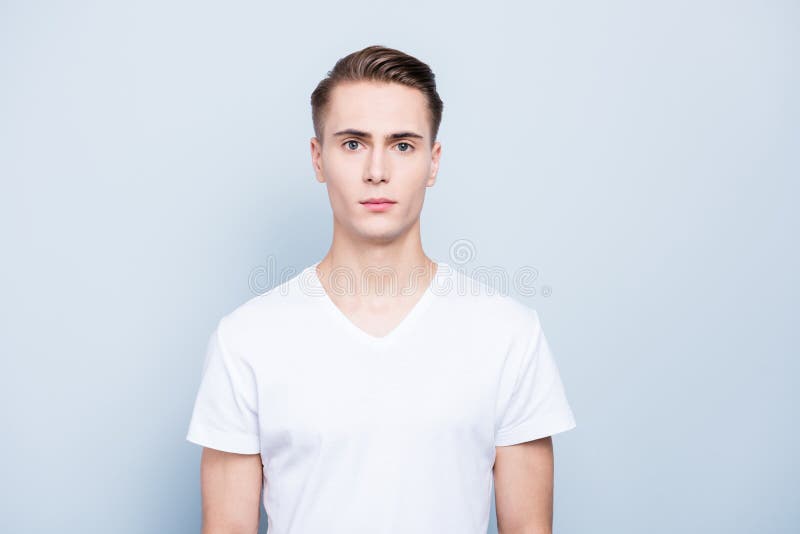 Portrait of Nice, Good-looking Young Man Look at Camera Stand is Stock ...