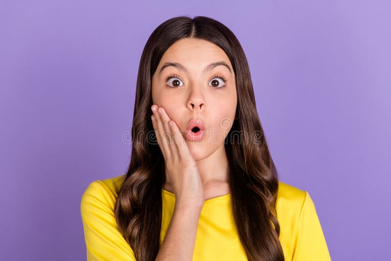 Portrait Of Nice Impressed Brunette Hairdo Girl Hand Cheek Wear Yellow