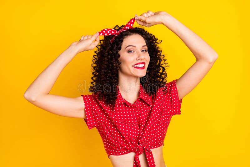 Portrait Of Nice Optimistic Brunette Hair Lady Hold Band Wear Red Top