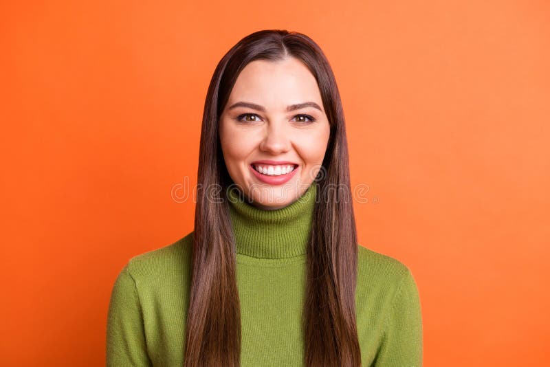 Portrait Of Nice Optimistic Brunette Hairdo Girl Wear Green Sweater