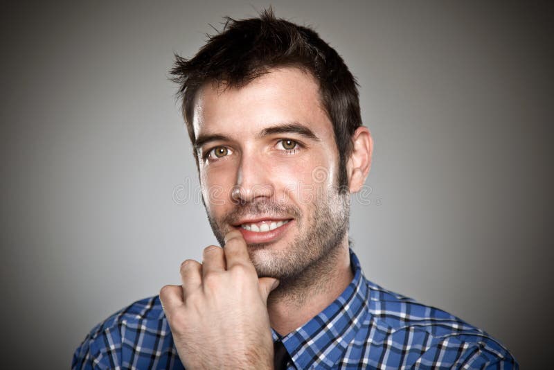Portrait of a Normal Boy Over Grey Background. Stock Image - Image of ...