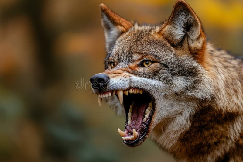 Portrait of a North American Grey Wolf Snarling Showing Teeth Stock ...