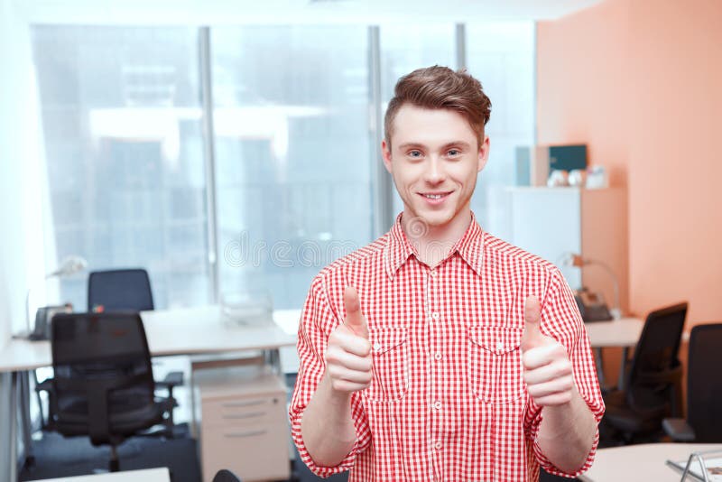 Portrait of Office Worker Shoving Thumbs-up Stock Photo - Image of ...