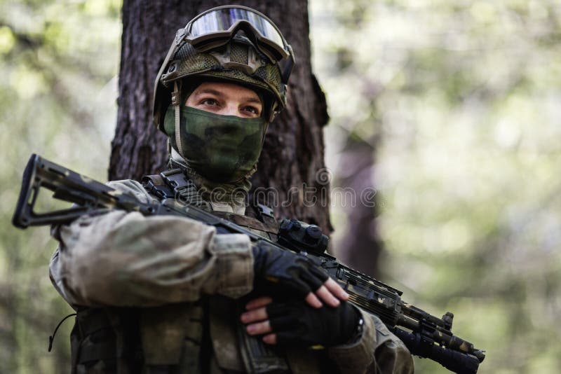 Portrait of Officer with Gun Stock Photo - Image of person, helmet ...