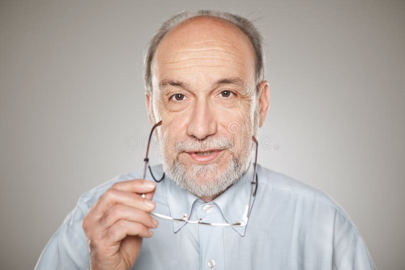 Portrait of Old Man Taking Glasses and Smiling Stock Image - Image of ...