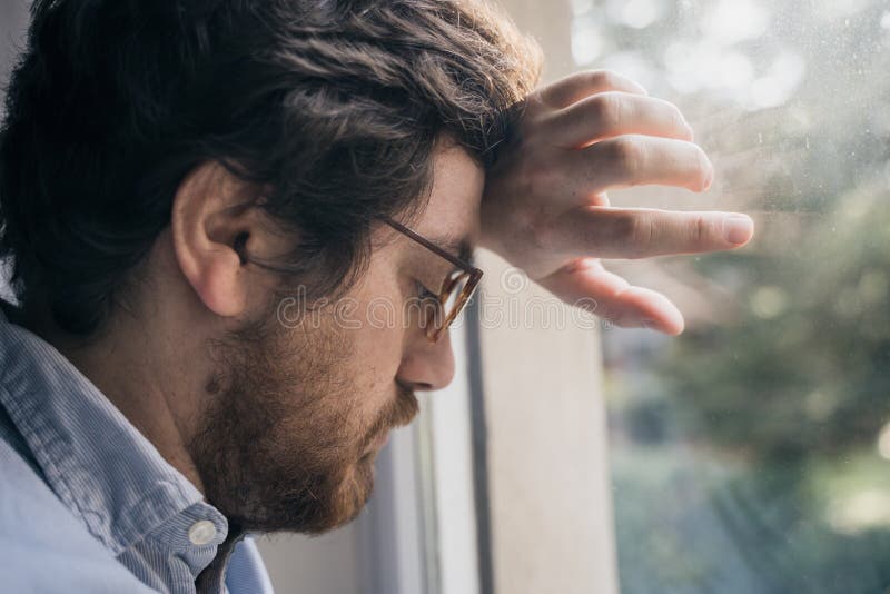 Portrait of One Guy Longing and Looking through Window Stock Image ...