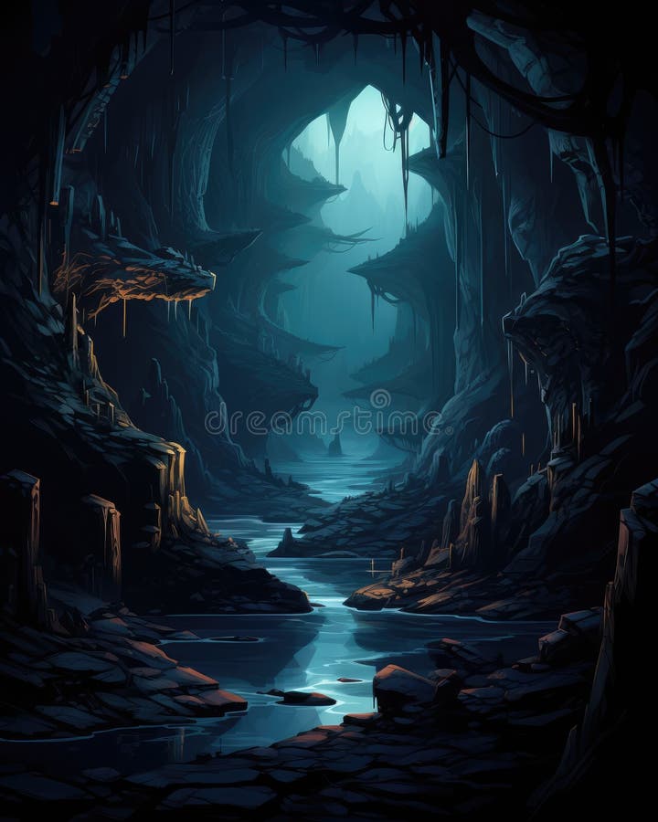 An Open Cave, Cartoon and Gaming Style, with a Misty Atmosphere and Sun ...