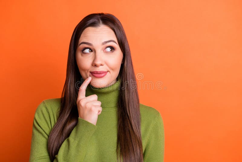 Portrait Of Optimistic Cute Brunette Hairdo Girl Finger Face Look Empty