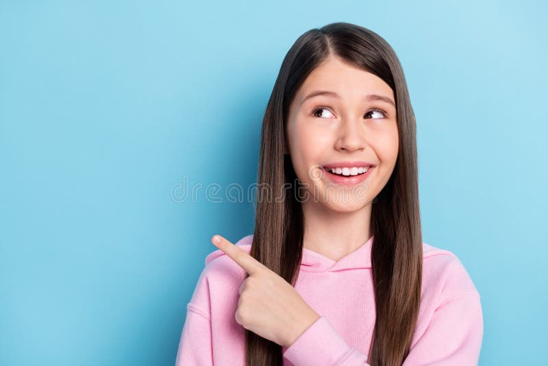 Portrait Of Optimistic Cute Long Hair Girl Point Empty Space Wear Pink