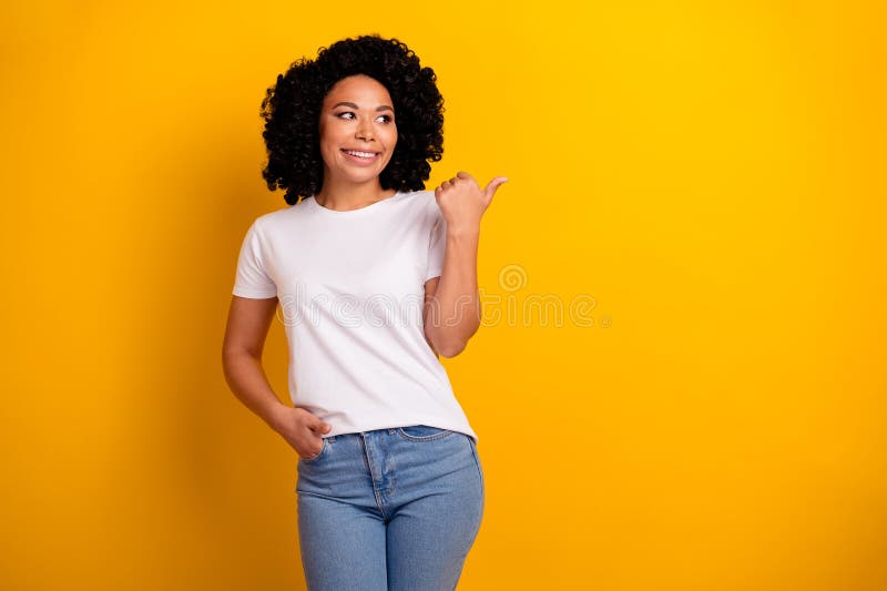 Portrait Of Optimistic Girl With Curly Hair Wear White T Shirt Look