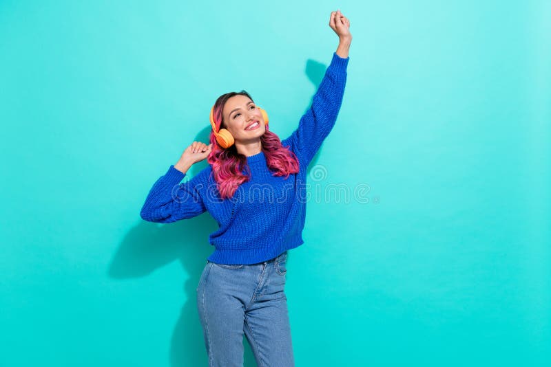 Portrait Of Optimistic Good Mood Cute Woman Wear Knit Pullover