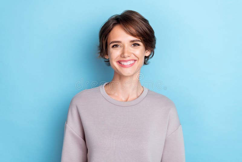 Portrait Of Optimistic Good Mood Girl With Bob Hairstyle Wear Gray