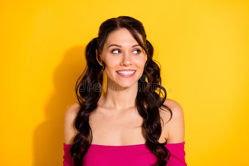 Portrait Of Optimistic Lovely Brunette Lady Look Empty Space Wear Pink