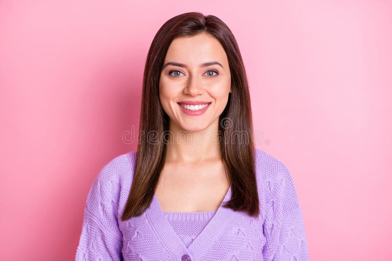 Portrait Of Optimistic Nice Girl Wear Lilac Sweater Isolated On Pink